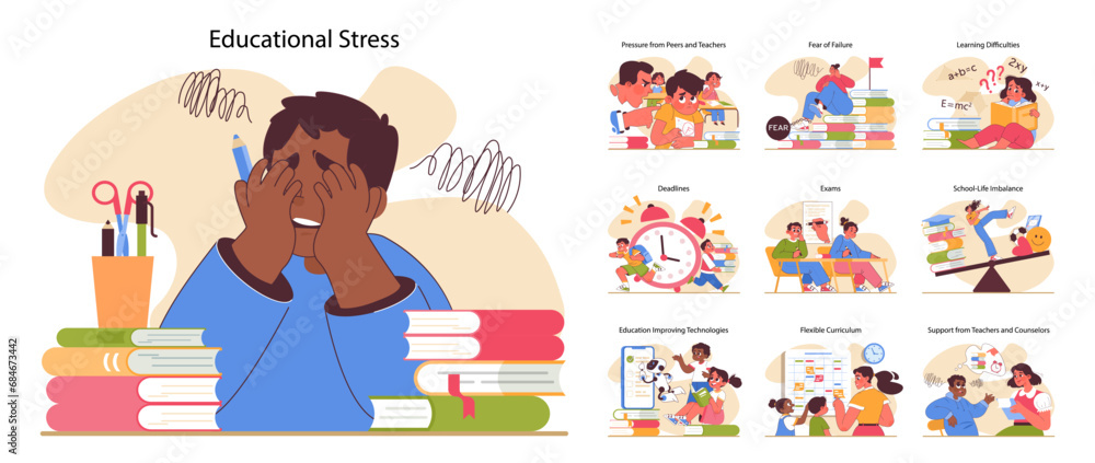 Educational stress set. Overwhelmed students grappling with deadlines ...