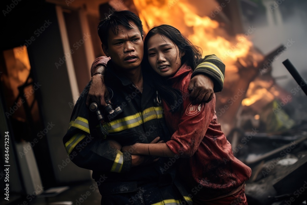 Scared young woman hugs brave fireman saved girl from fire on street ...