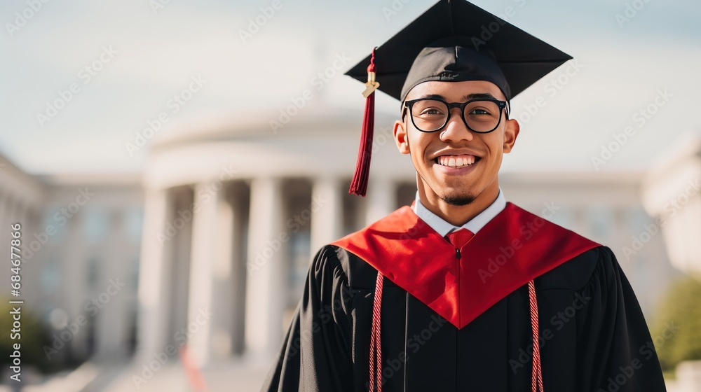 Happy college graduate student in academic hat and black gown stands ...
