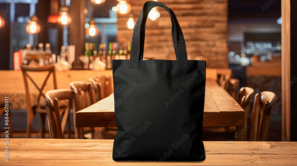 Realistic Black Tote Canvas Fabric Bag Set-up In A Restaurant, Coffee ...