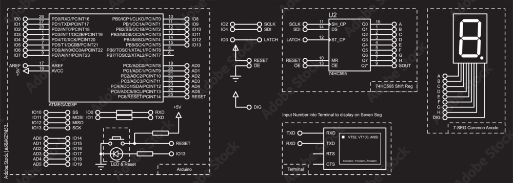 Vector Diagram Of Connecting A Seven Segment Indicator And A Register Chip To An Arduino