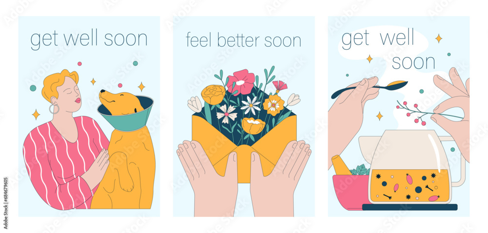 Get well soon card set. Positive and motivational poster with greeting ...