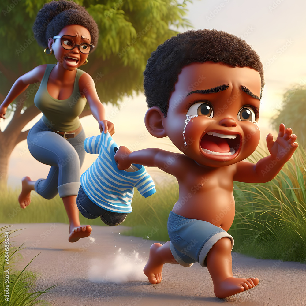 Tender Chibi Scene: Crying Girl's Run, Mom Chasing in Realistic 3D ...