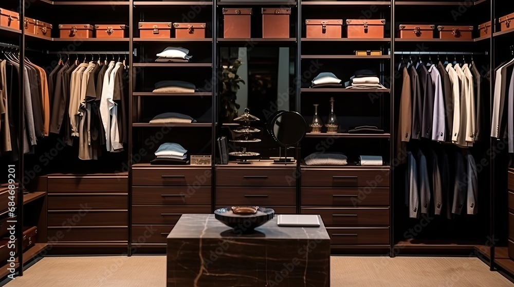 Elegant minimalist male walk in wardrobe with clothes hanging on rods ...