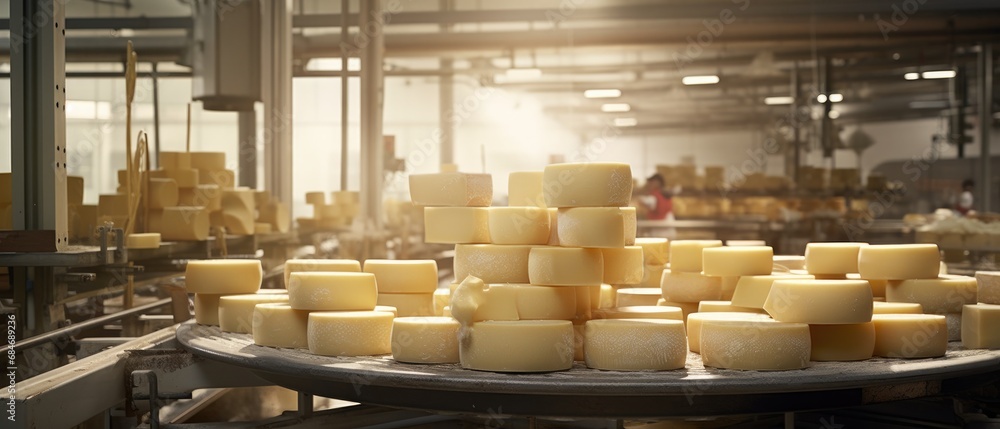 Artisan cheese wheels on production line at food processing plant ...