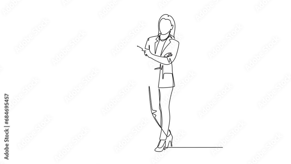 Self drawing animation single line draw young pretty female presenter ...