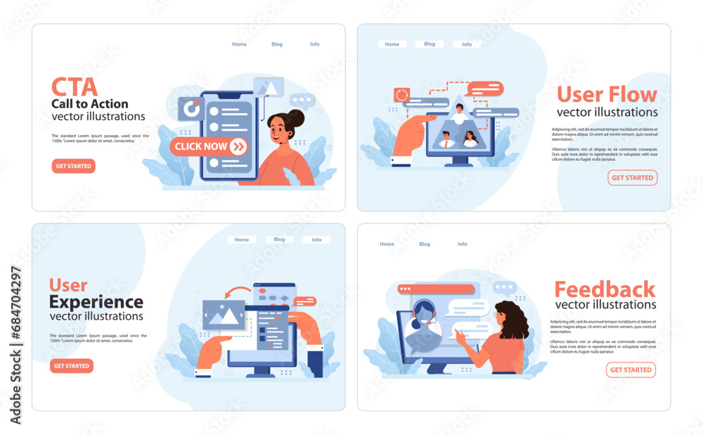 User Experience set. Web interaction visuals. Call to action prompts ...