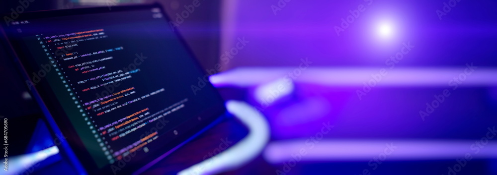 Poster Source code photo. Technology background.Software development ...