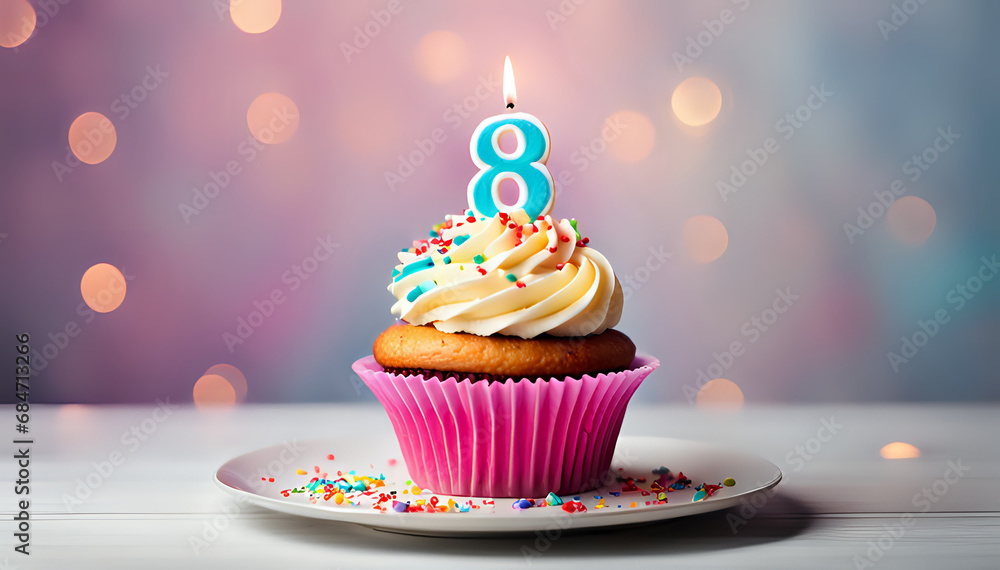 Birthday cupcake with lit birthday candle Number eight for eight years ...