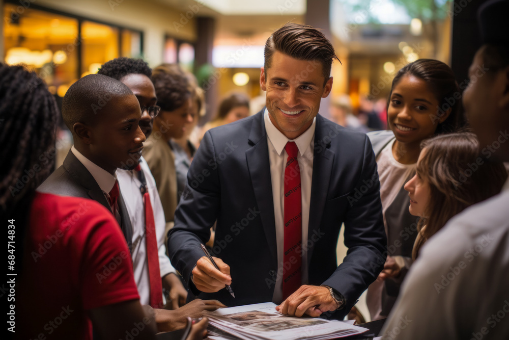 Political campaign, a candidate stands surrounded by his constituents ...