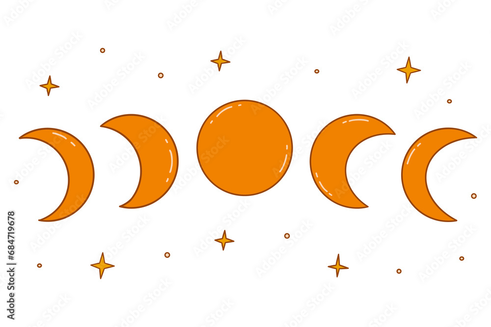 Phases of the moon, from waxing moon, full moon to waning moon. Stars ...