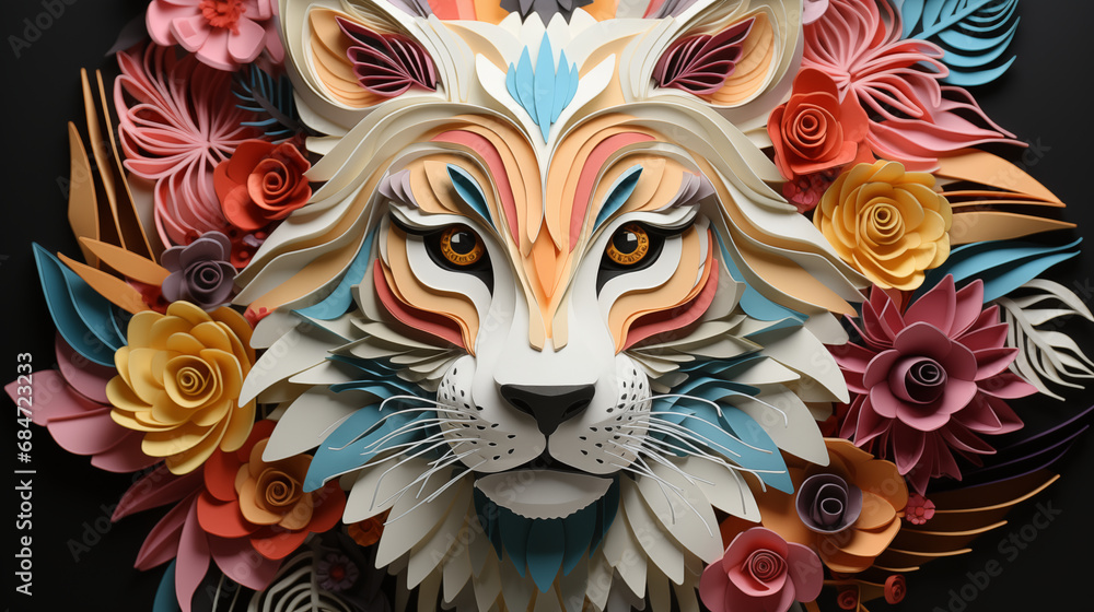 Paper Tiger Sculpture: A Photo of a Paper Sculpture of a Tiger’s Head Surrounded by Colorful ...