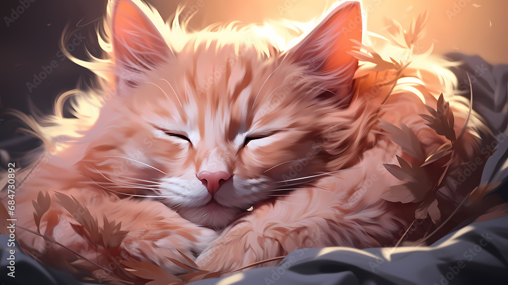 Cartoon kid cat sleep at night, wake up at morning. Stock Illustration ...