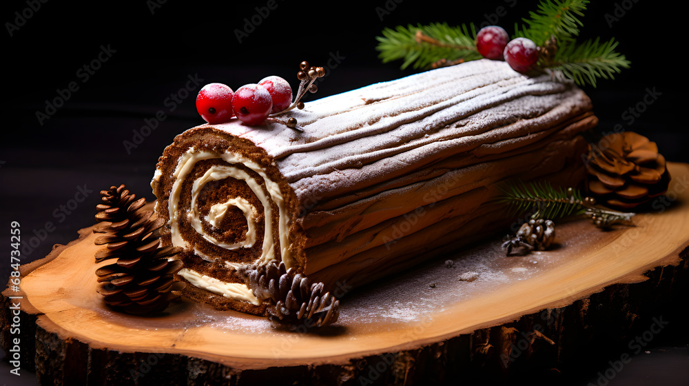 Yule log cake, dusted with powdered sugar, decorated with red berries ...