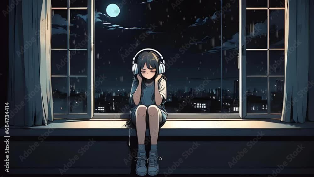 lofi young girl headphones sitting alone on the balcony feeling sad and ...