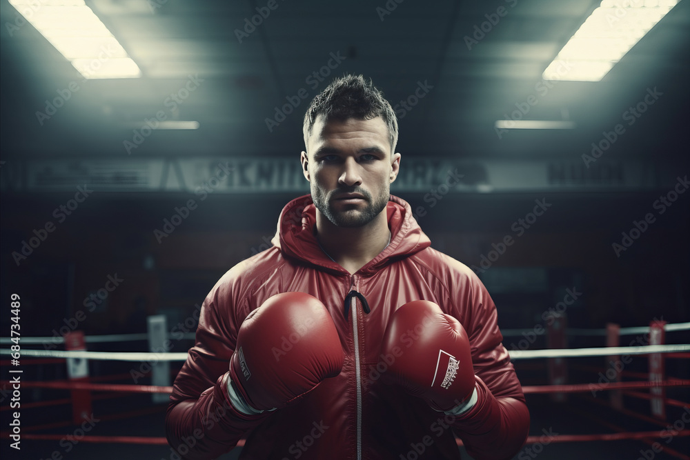 Portrait of a strong muscular boxer wearing gloves in the ring before a ...
