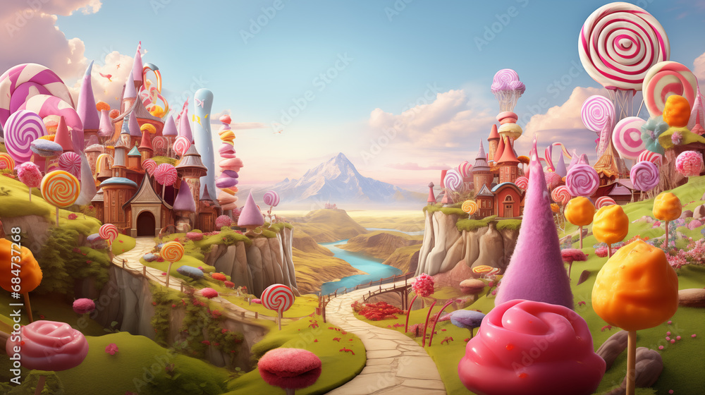 Candyland-inspired landscape, with sugary mountains, chocolate rivers ...
