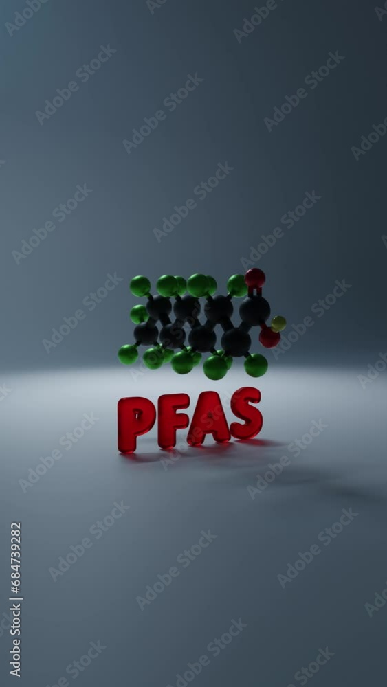 PFAS Per- and poly-fluoroalkyl substances - 3D molecule conformer. Vertical 3D animation The ...
