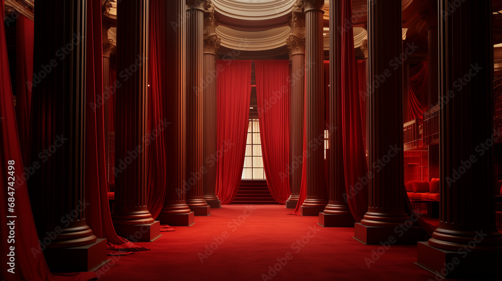 tall room with columns and a window, long red curtains on the window ...