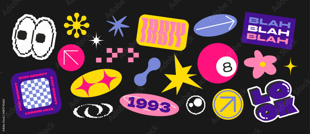 Collection acid patches, stickers,labels, tags in 90s style y2k. Funky ...