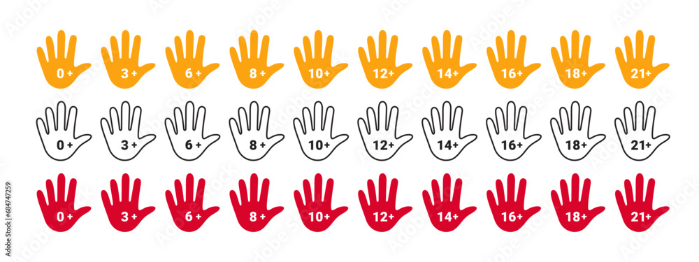 Age restriction icons set. Mark age limit. Hand with age restriction ...