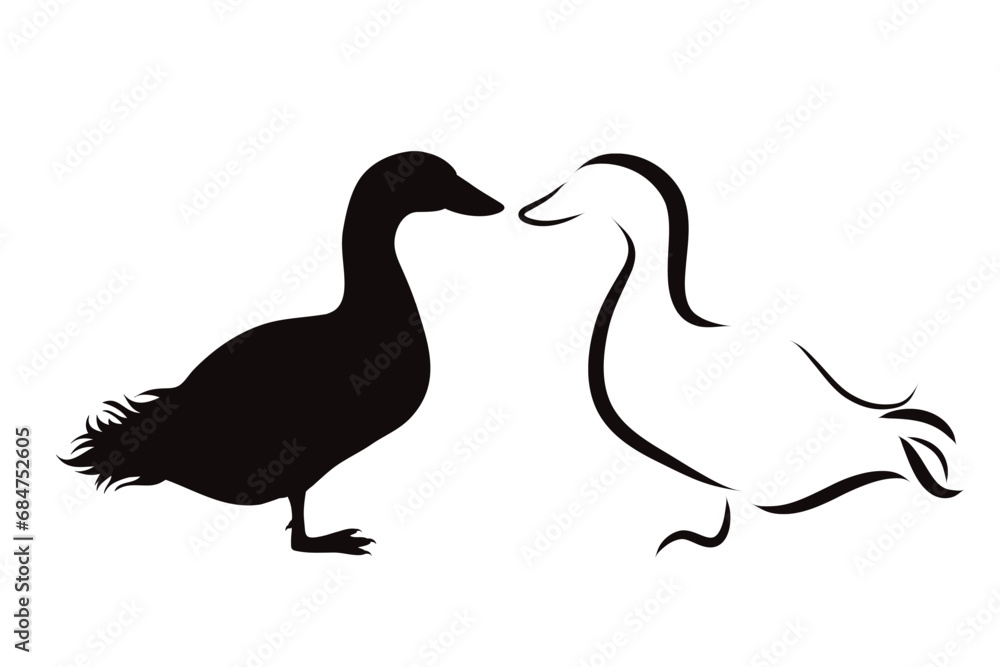 Couple of vector illustrations of goose on white background. Symbol of ...