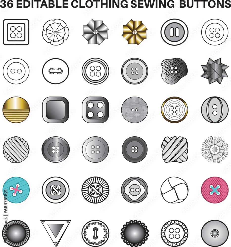 Sewing Buttons flat sketch vector illustration set, different types of ...