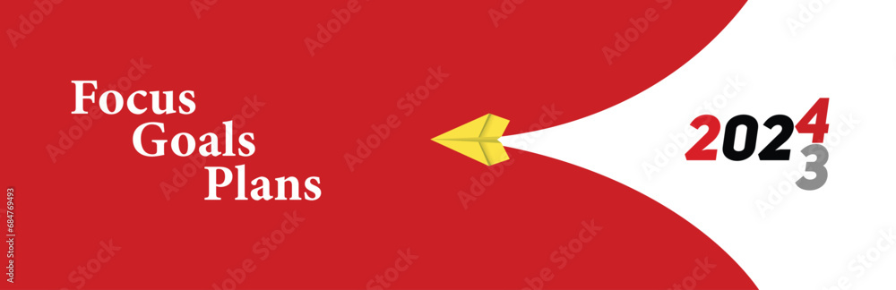 Yellow airplane going towards Focus, Goals, and Plans. New Year 2024 ...