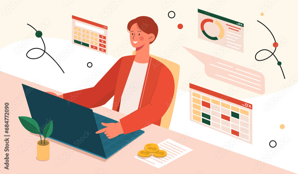 Accountant employee at work concept. Man sitting with laptop at ...