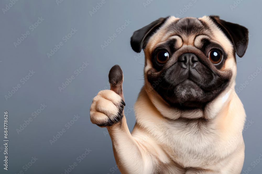 Photo of a surprised dog giving thumb up on solid background. ai ...