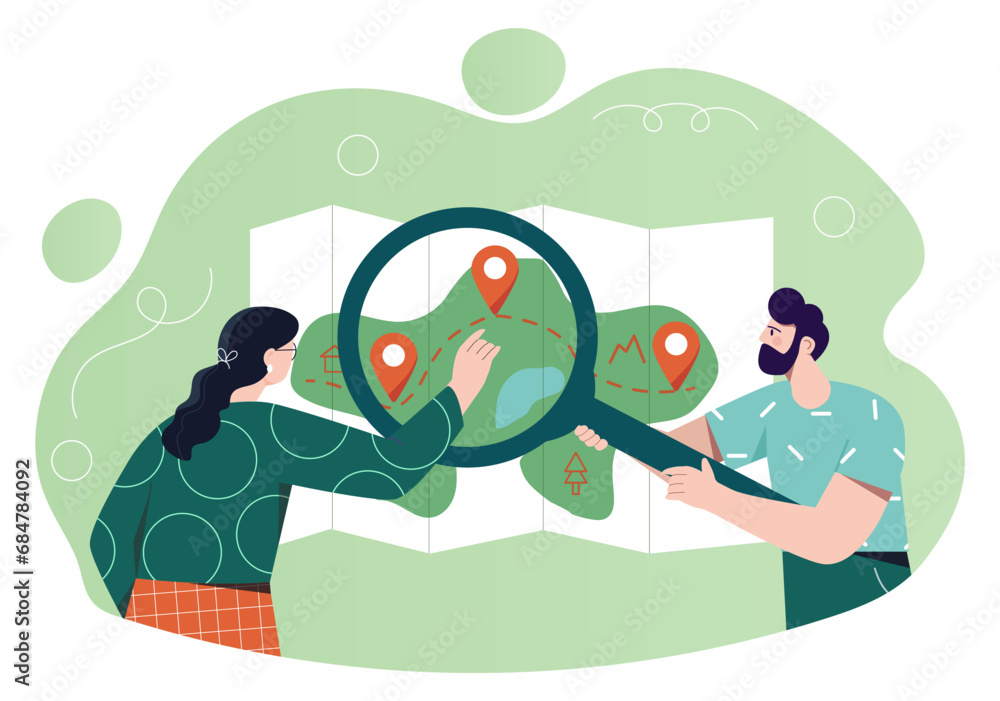 Tourism map concept. Man and woman with magnifying glass near map with ...