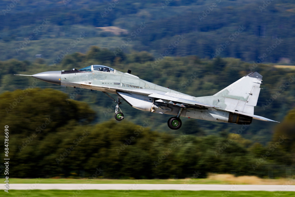 Military fighter jet plane at air base. Airport and airfield. Air force ...