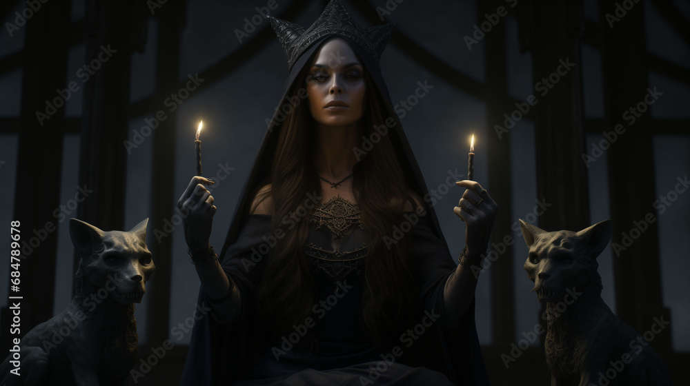Dark beautiful goddess Hecate with a veil and black dress, holding two ...