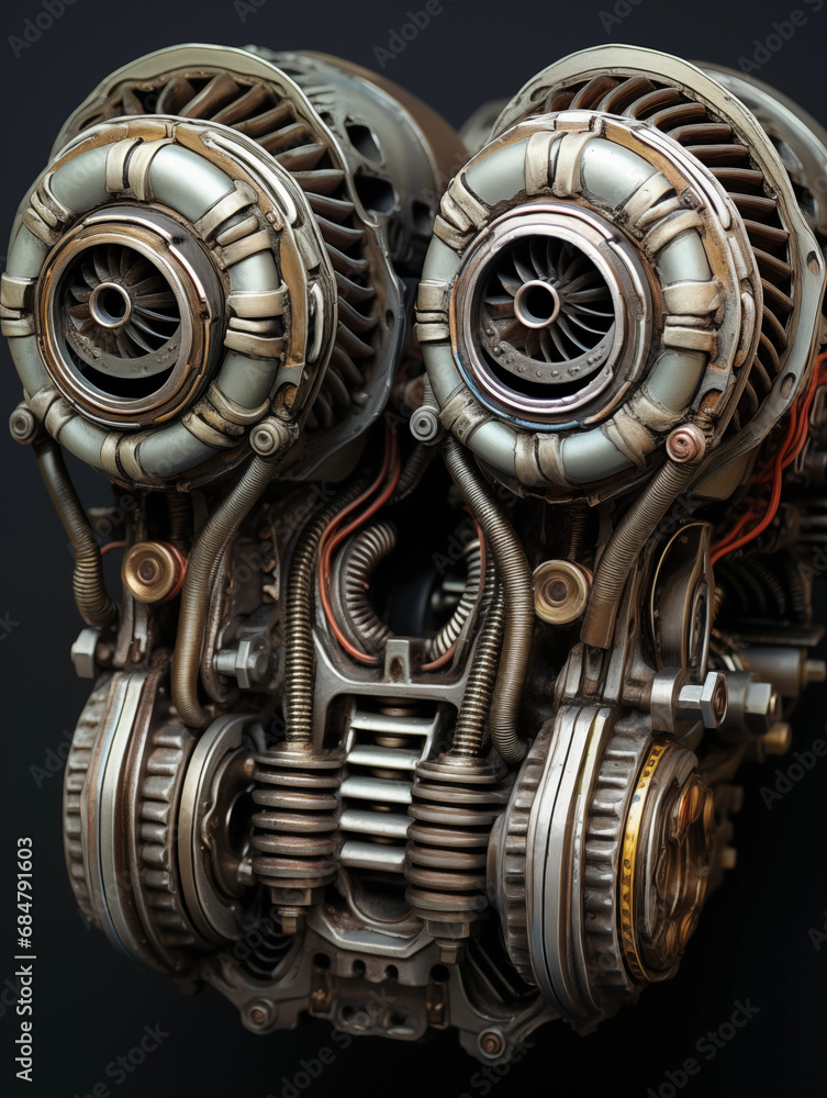 Two metal cylinder heads like a robot face, in the style of restored ...