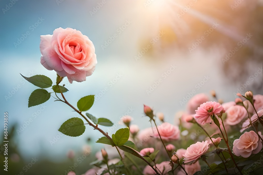 Tea pink rose standing in the morning under the sunshine high with its ...