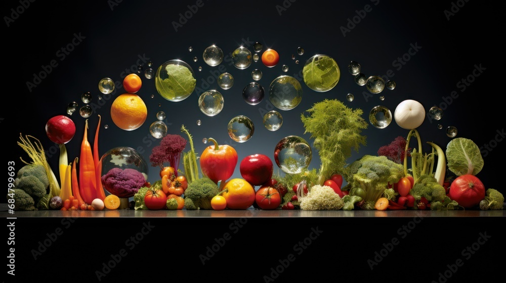 a group of fruits and vegetables floating in the air with bubbles ...