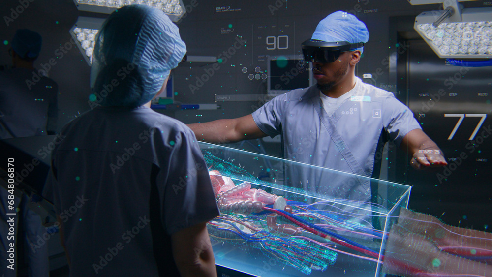 Diverse surgeons in AR headsets work in operating room using futuristic ...