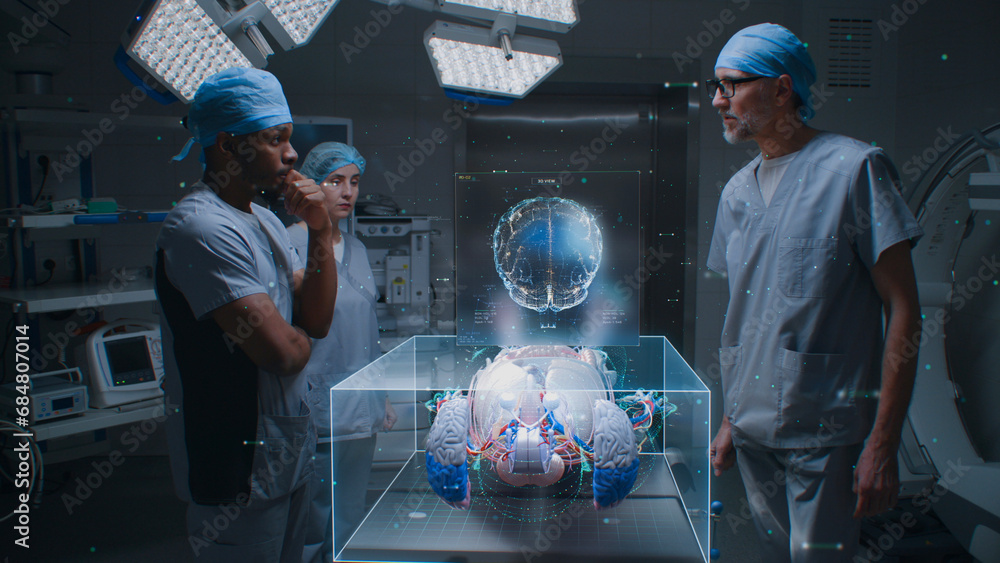 Multiethnic surgeons work in hospital operating room. 3D graphics of ...