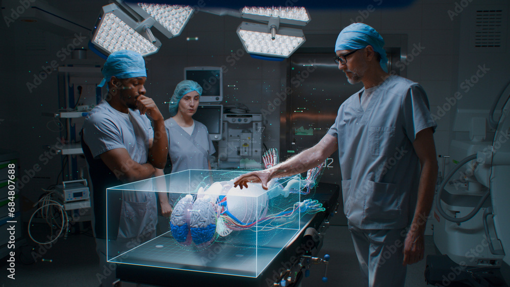Multiethnic surgeons work in hospital operating room. 3D graphics of ...
