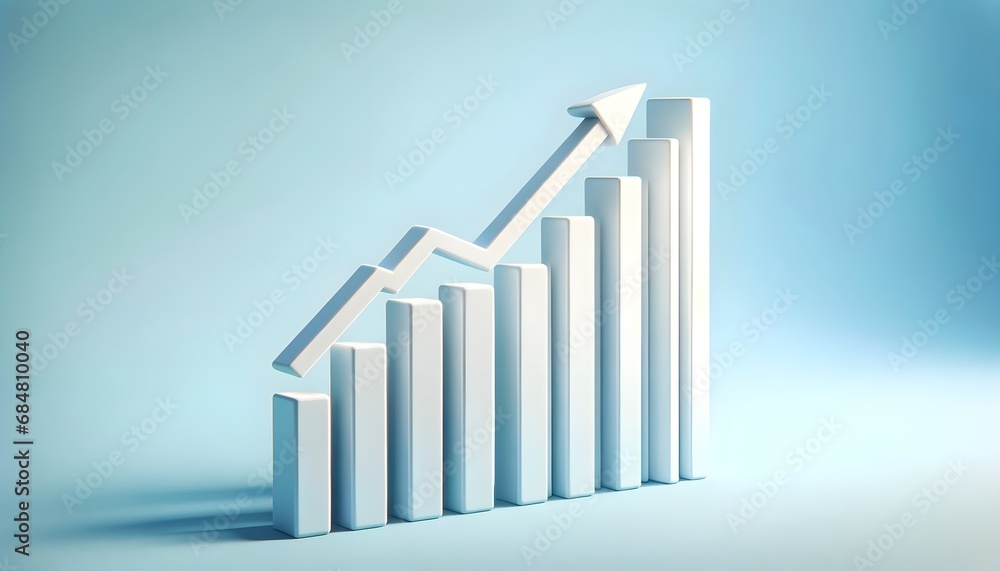 The image shows a minimalist 3D bar graph with a rising arrow against a ...