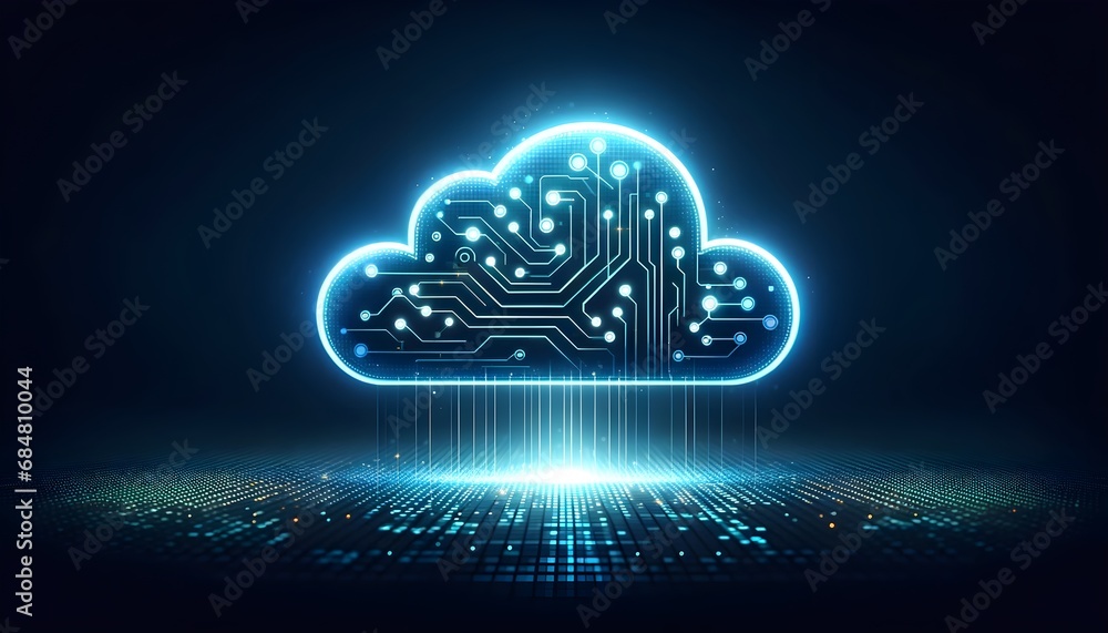 The image portrays a neon blue cloud with circuit patterns floating ...