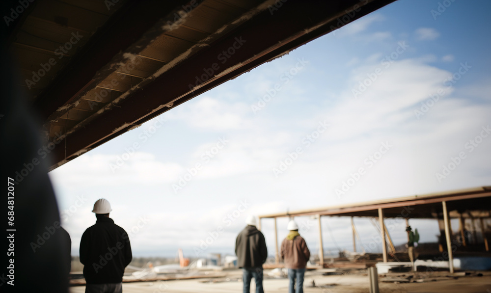 Construction workers oversee a building project, captured in a candid ...