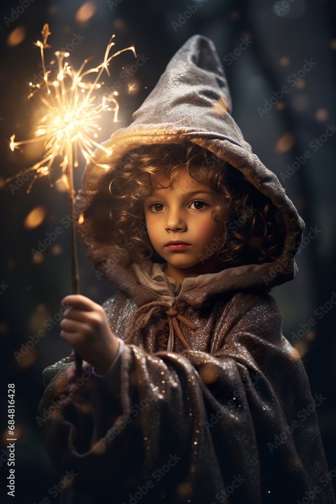 ภาพประกอบสต็อก A fantasy-themed image of a child dressed as a wizard ...
