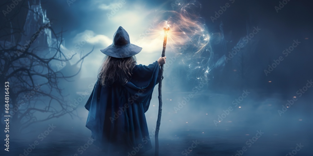 A fantasy-themed image of a child dressed as a wizard, casting a spell ...
