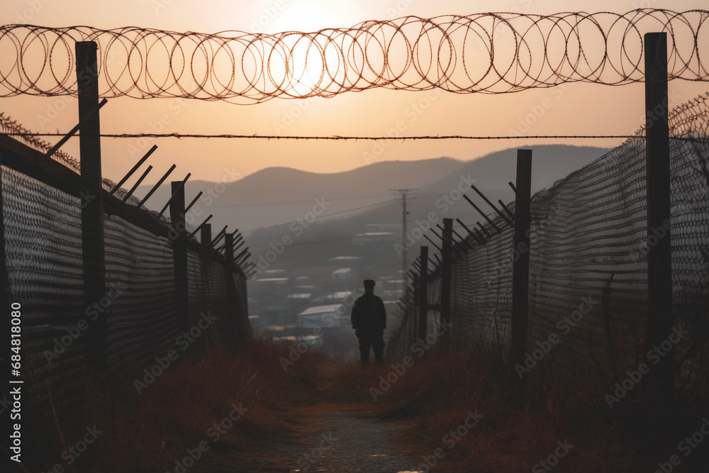 Border of South Kore and North Korea. Border with barbed wire on fence ...