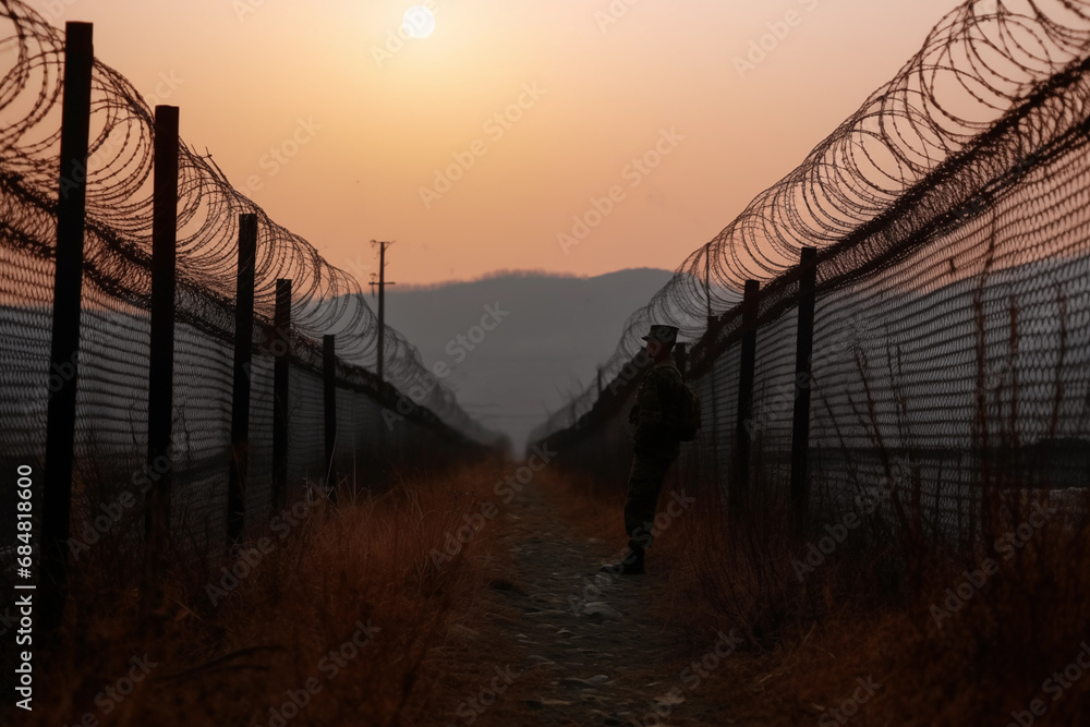 Border of South Kore and North Korea. Border with barbed wire on fence ...
