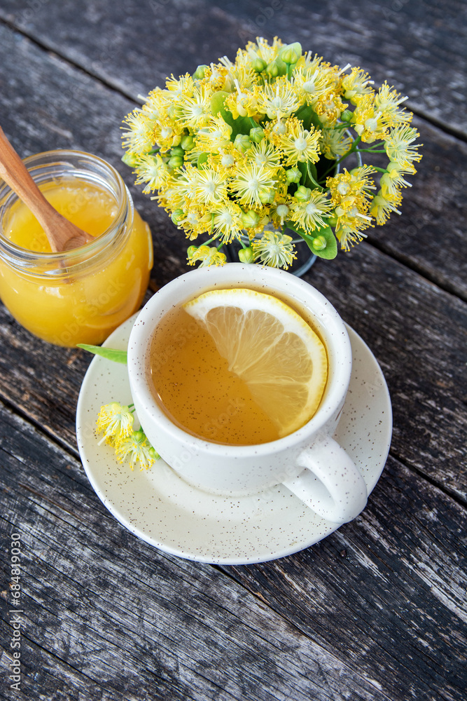 cup of herbal linden tea with honey and lemon. doctor treatment and ...