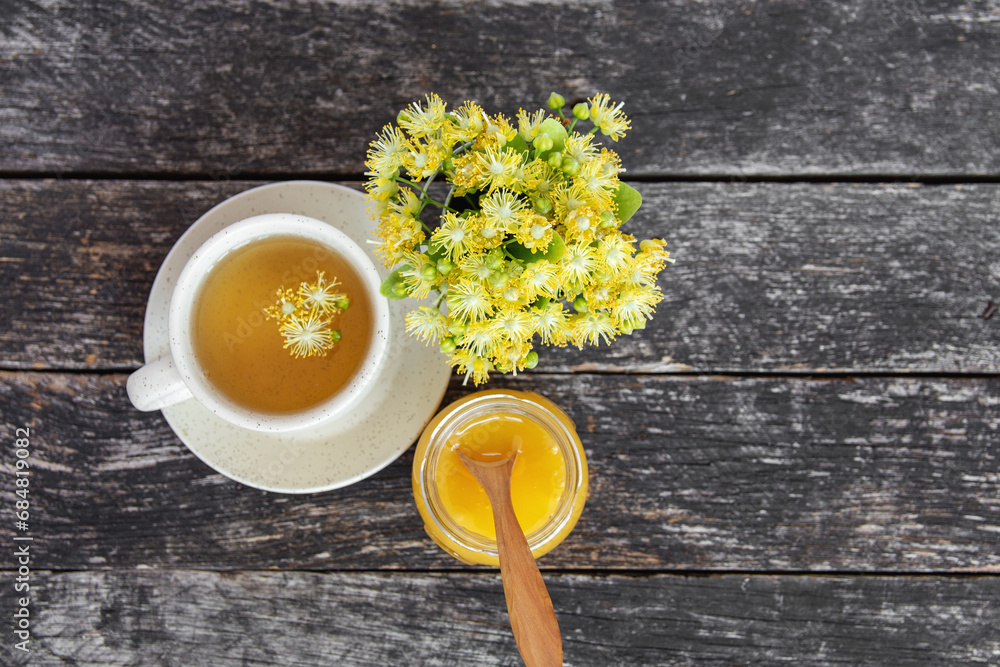 cup of herbal linden tea with honey and lemon. doctor treatment and ...