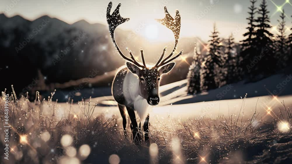 reindeer christmas illumination, falling snow, animated background with ...