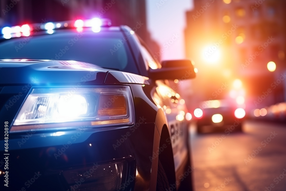 Cinematic Shot Police Car with Working Siren Flashlights Standing in ...